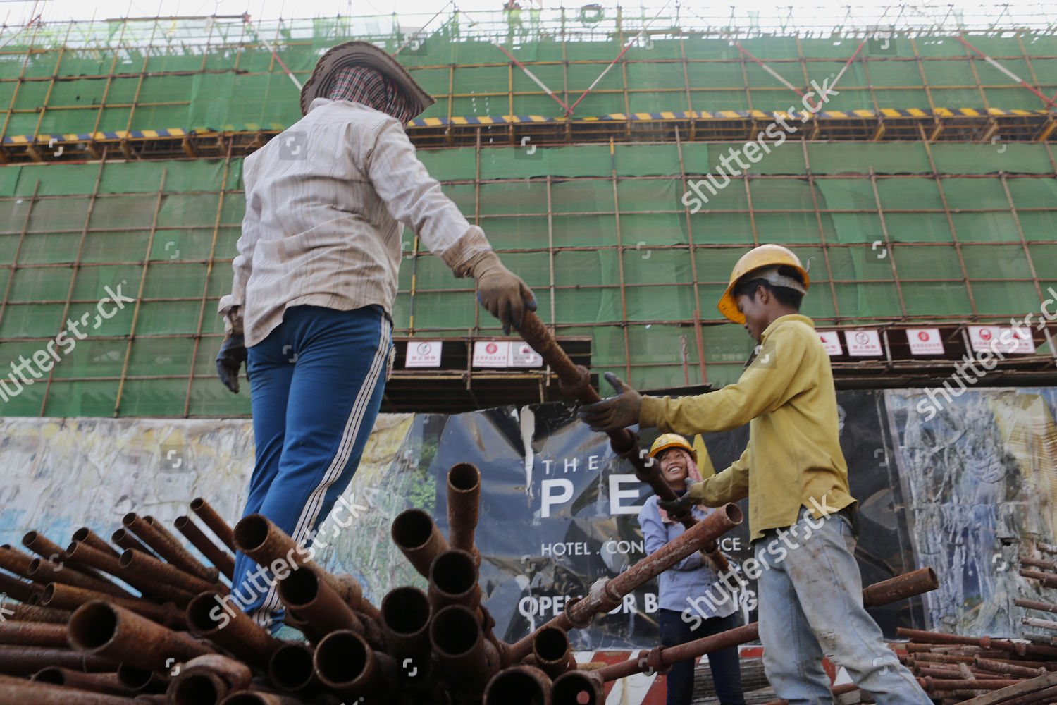 Cambodian Workers Carry Pipes Construction Site Editorial Stock Photo ...