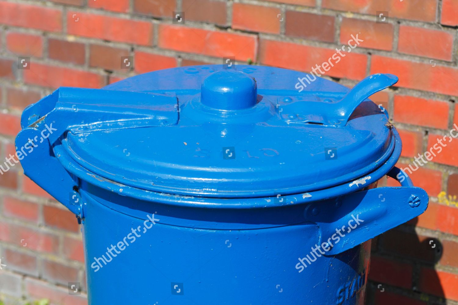 Blue Garbage Bin Front Brick Wall Editorial Stock Photo - Stock Image ...