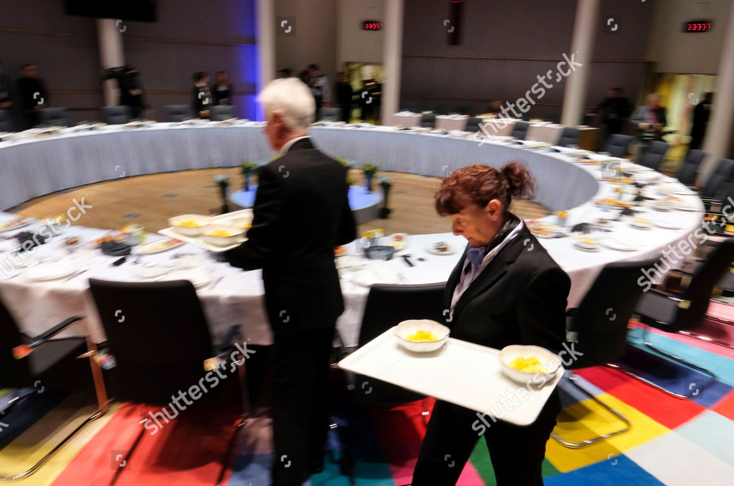 Waiters Set Table Breakfast Leaders During Editorial Stock Photo ...
