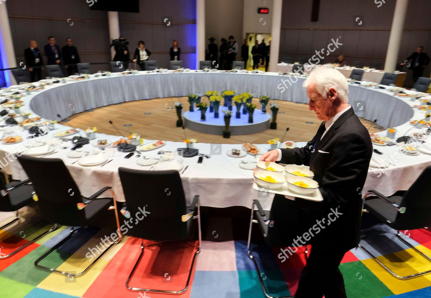 Waiter Sets Table Breakfast Leaders During Editorial Stock Photo ...