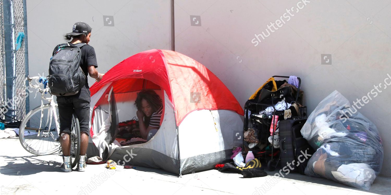 Cyclist Speaks Homeless People Tent Small Editorial Stock Photo - Stock ...