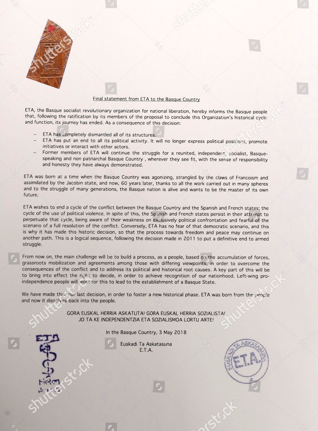 View Letter Released By Basque Newspapers Editorial Stock Photo - Stock ...