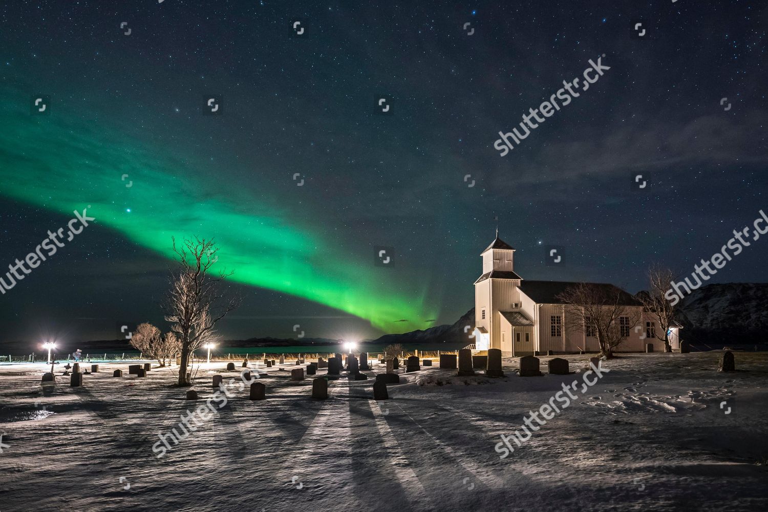 Northern Lights Over Cemetery Church Gimsoey Editorial Stock Photo ...