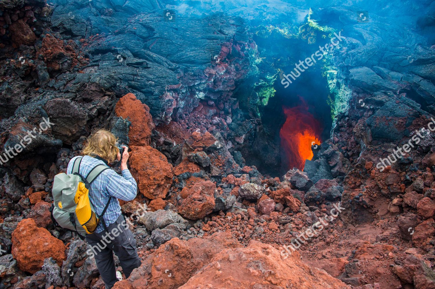 Tourist Photographing Active Magma Stream Below Editorial Stock Photo ...