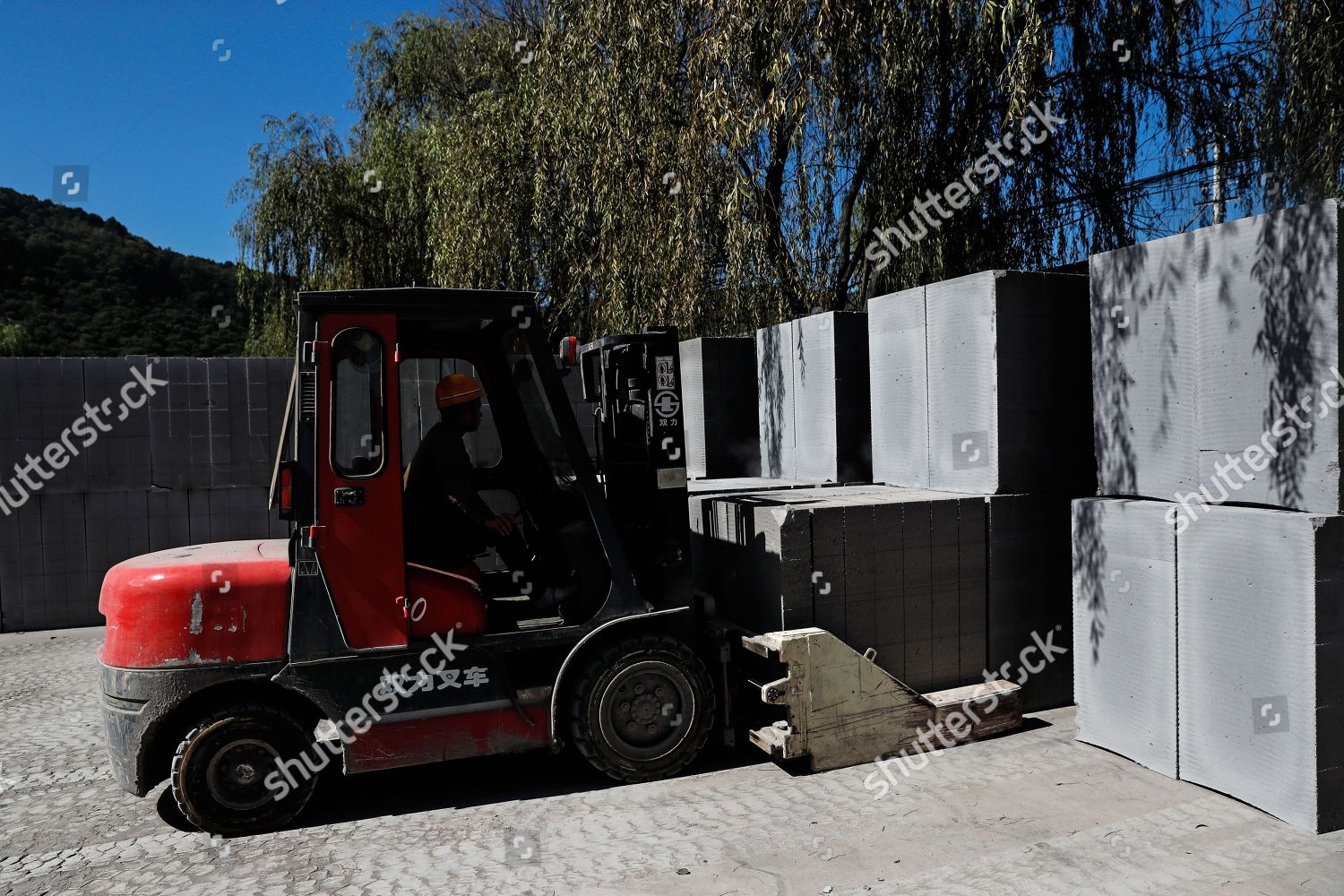 Worker Handles Bricks Forklift Brick Factory Editorial Stock Photo ...