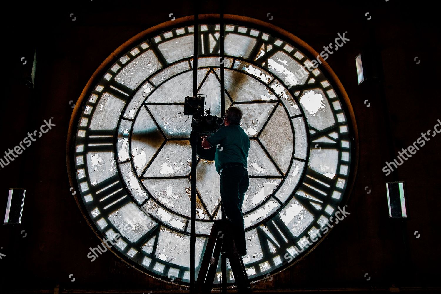 Employee Climbs Ladder Check Huge Clock Editorial Stock Photo - Stock ...